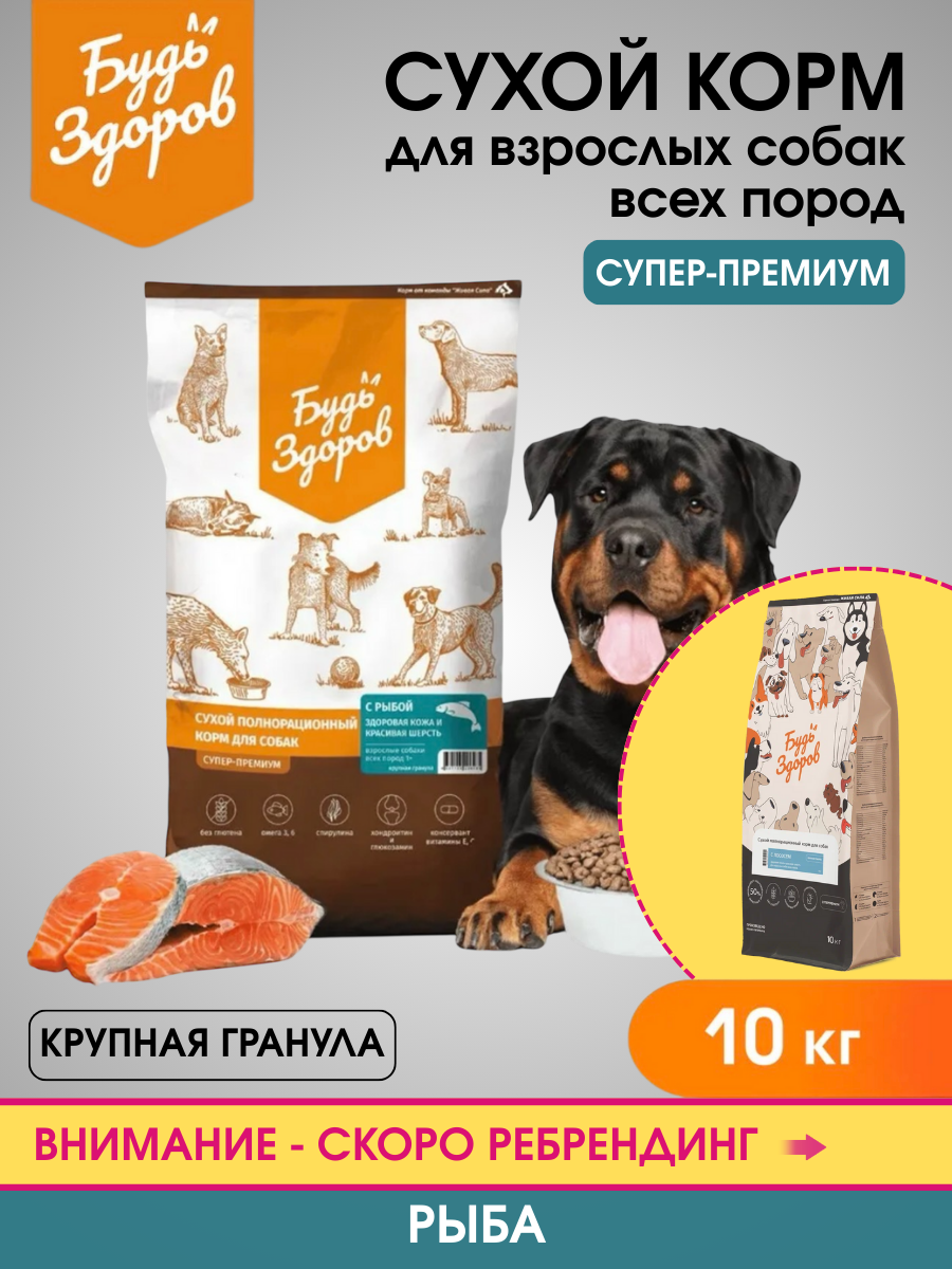 Живая Сила Будь Здоров сухой корм с рыбой для взрослых собак всех пород. Здоровая кожа и красивая шерсть. Крупная гранула 10 кг