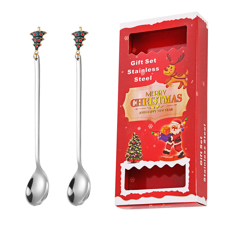 Серебряный набор ложек с рождественской елкой, 2 шт. в подарочной упаковке из нержавеющей стали