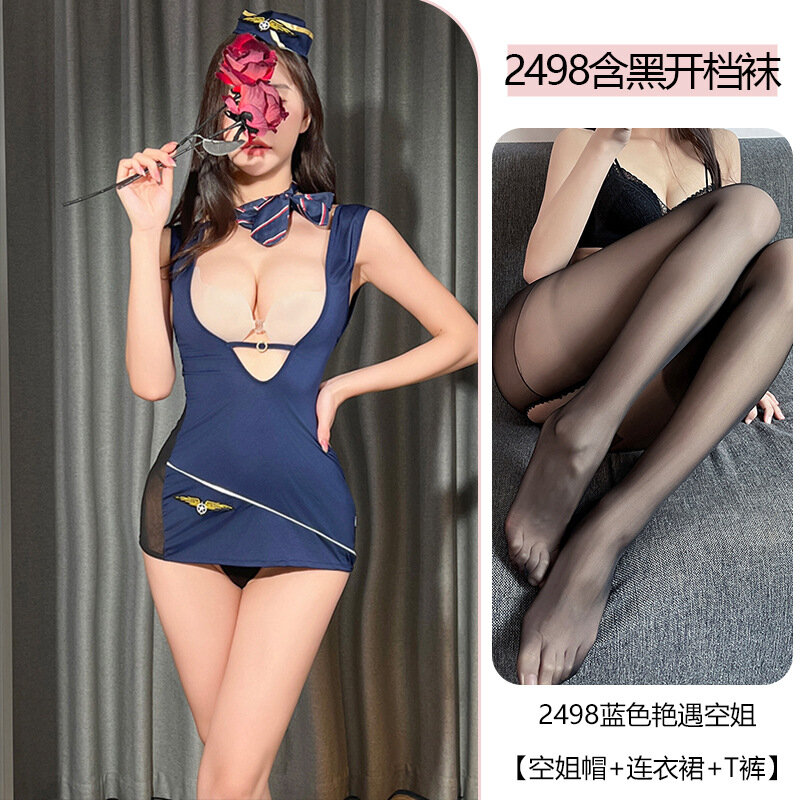 Сексуальный и соблазнительный стиль, откровенное декольте, соблазнительная форма стюардессы, манящее нижнее белье, женская одежда для сна, страсть, не требует снятия, 2498. Синий (шляпа + боди + стринги) включает черные колготки.