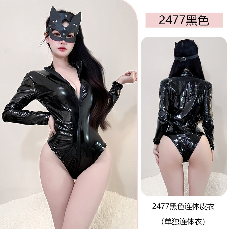 Нижнее белье в европейском и американском стиле: боди с застежкой-молнией, открытой промежностью, высокой эластичностью, блестящей лакированной кожей, для танцев на пилоне и ночного клуба, модель 2477. Черное боди.