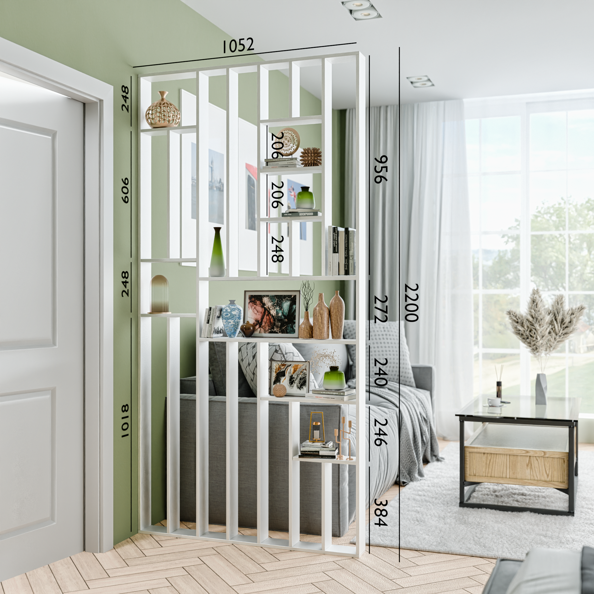 Перегородка для зонирования с полками 1052 мм, белая, 16х100 мм