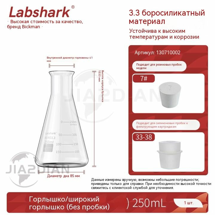 Колба коническая 250 мл (тип КН лабораторная: исполнение 2 - с цилиндрической горловиной, термостойкая)