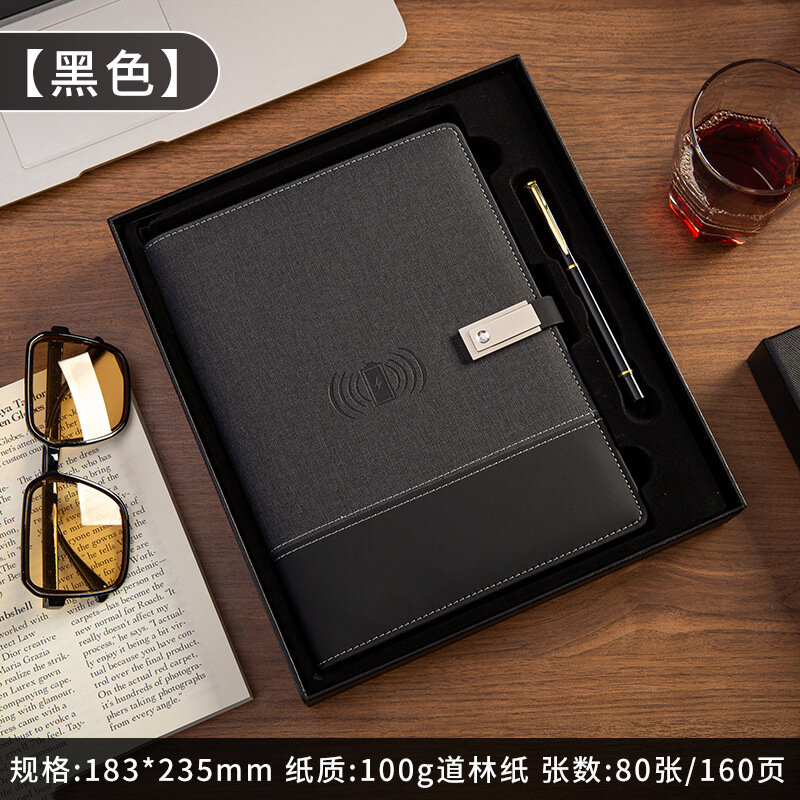 Беспроводной зарядный блокнот формата А5 для бизнеса и офиса, многофункциональный, с USB-накопителем и внешним аккумулятором, с возможностью персонализации.