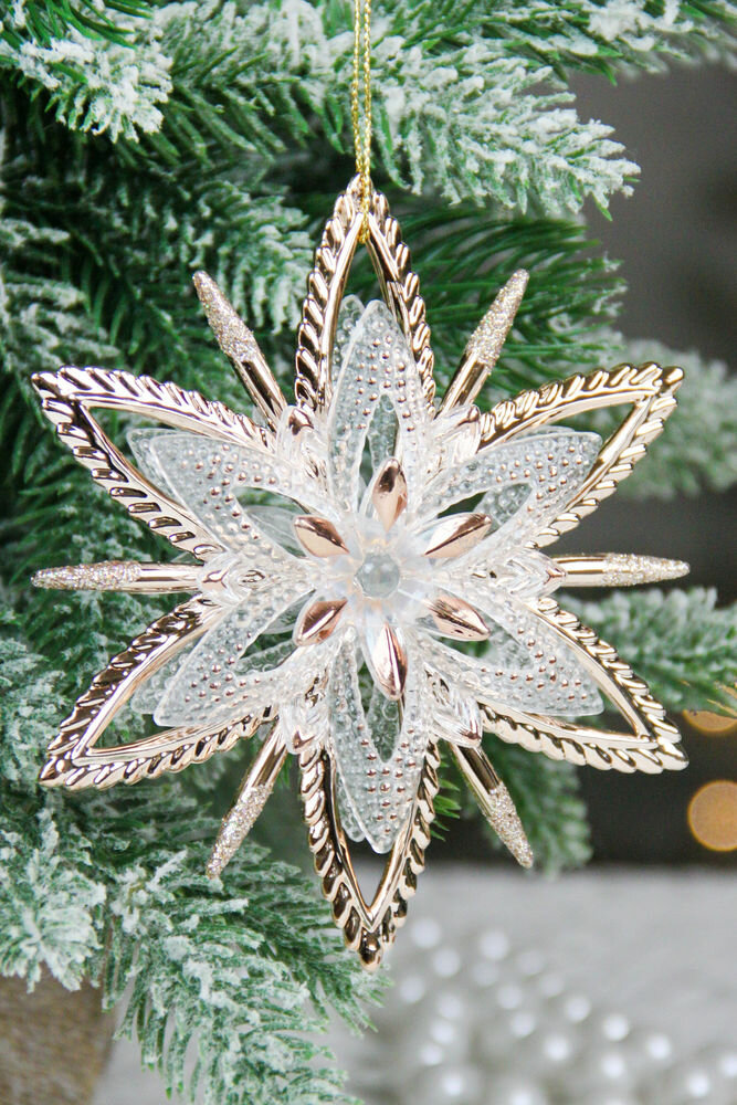 Снежинка брошка, акрил, розовое золото, 12 см, Forest Market 200182