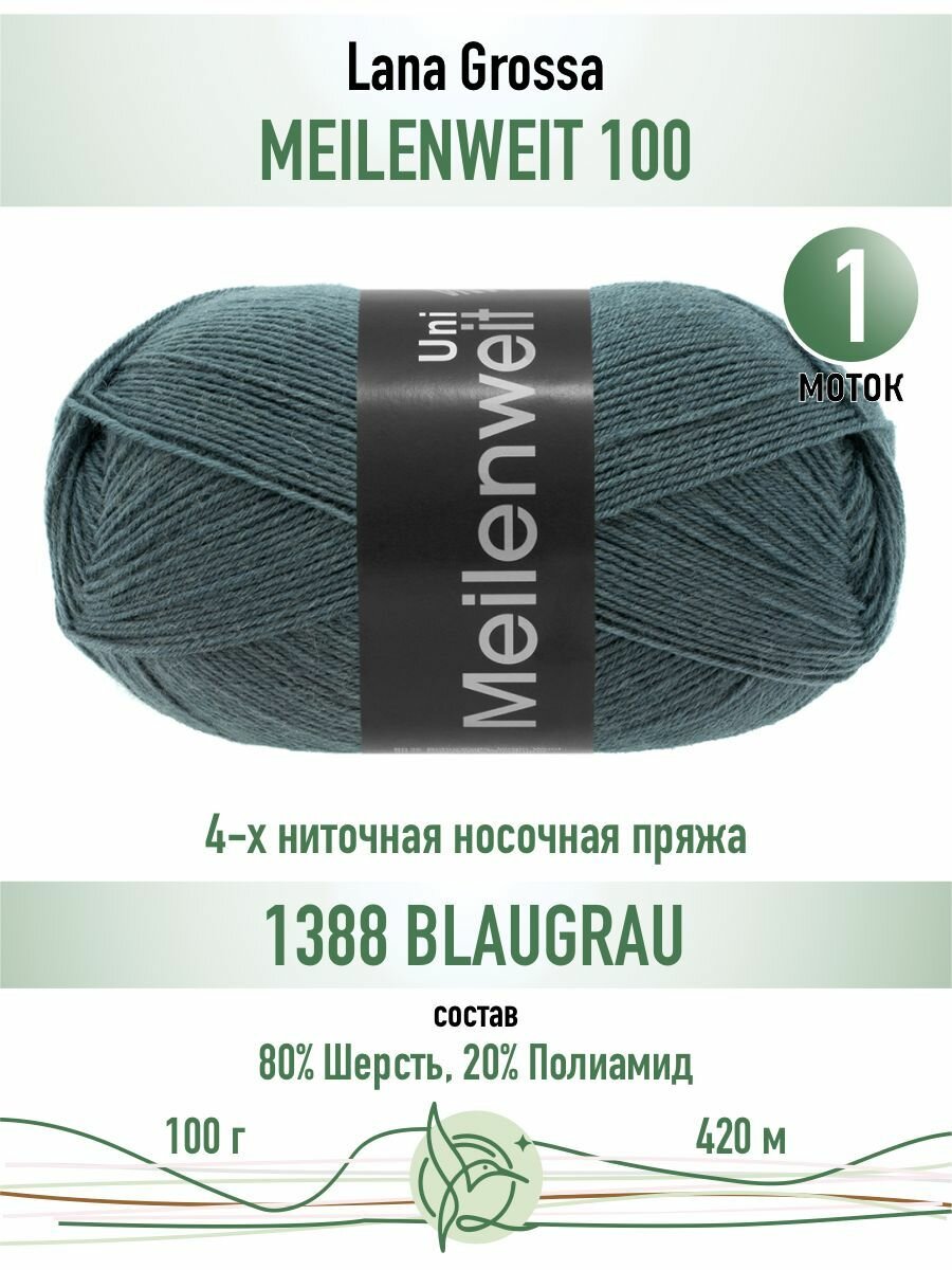 Носочная пряжа Lana Grossa Meilenweit 100 (1388 Blaugrau) 1 моток 100г/420м