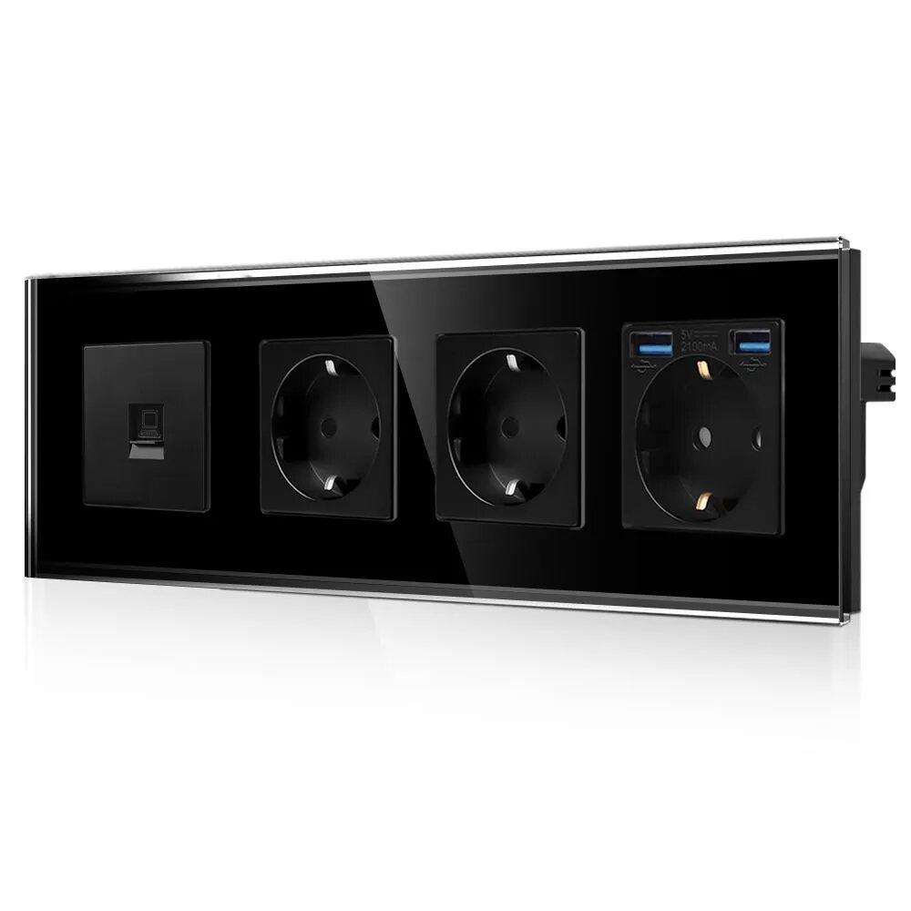 Розетка с USB-портами и интернетом / Rj-45,4 поста, черный Закаленное стекло.