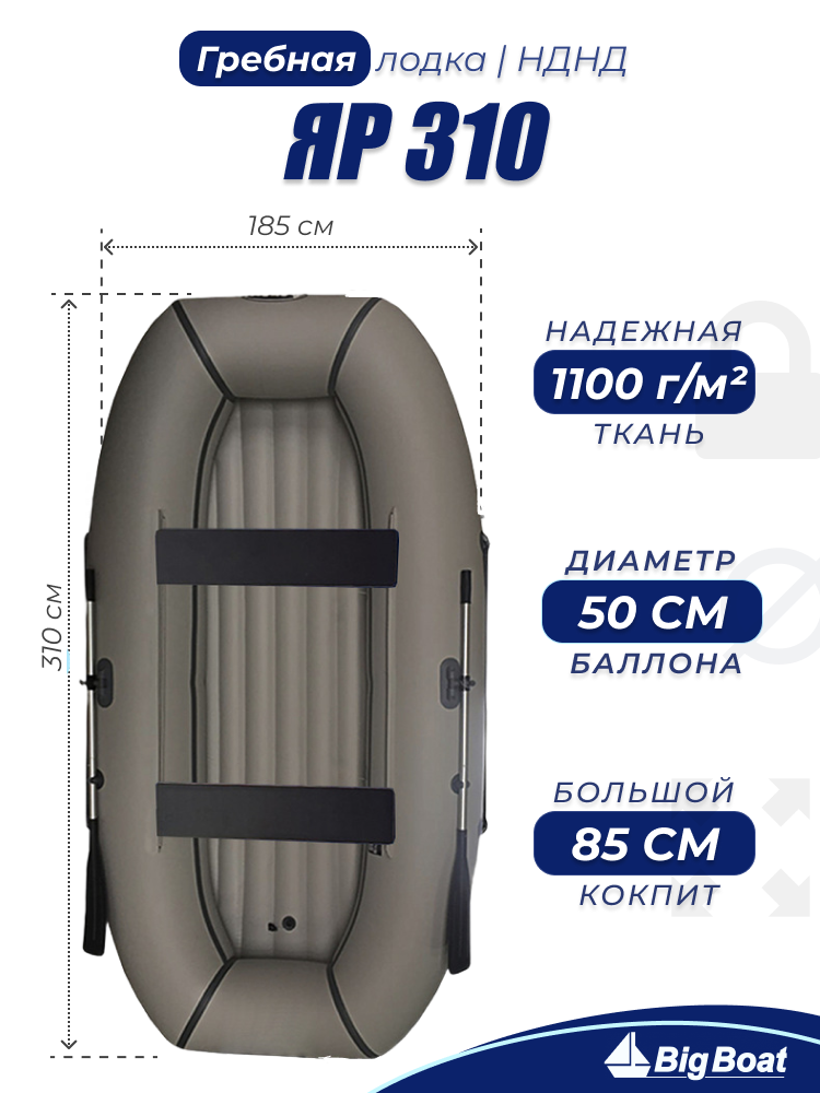 Надувная лодка для рыбалки, ПВХ, гребная Big Boat Яр310 НДНД