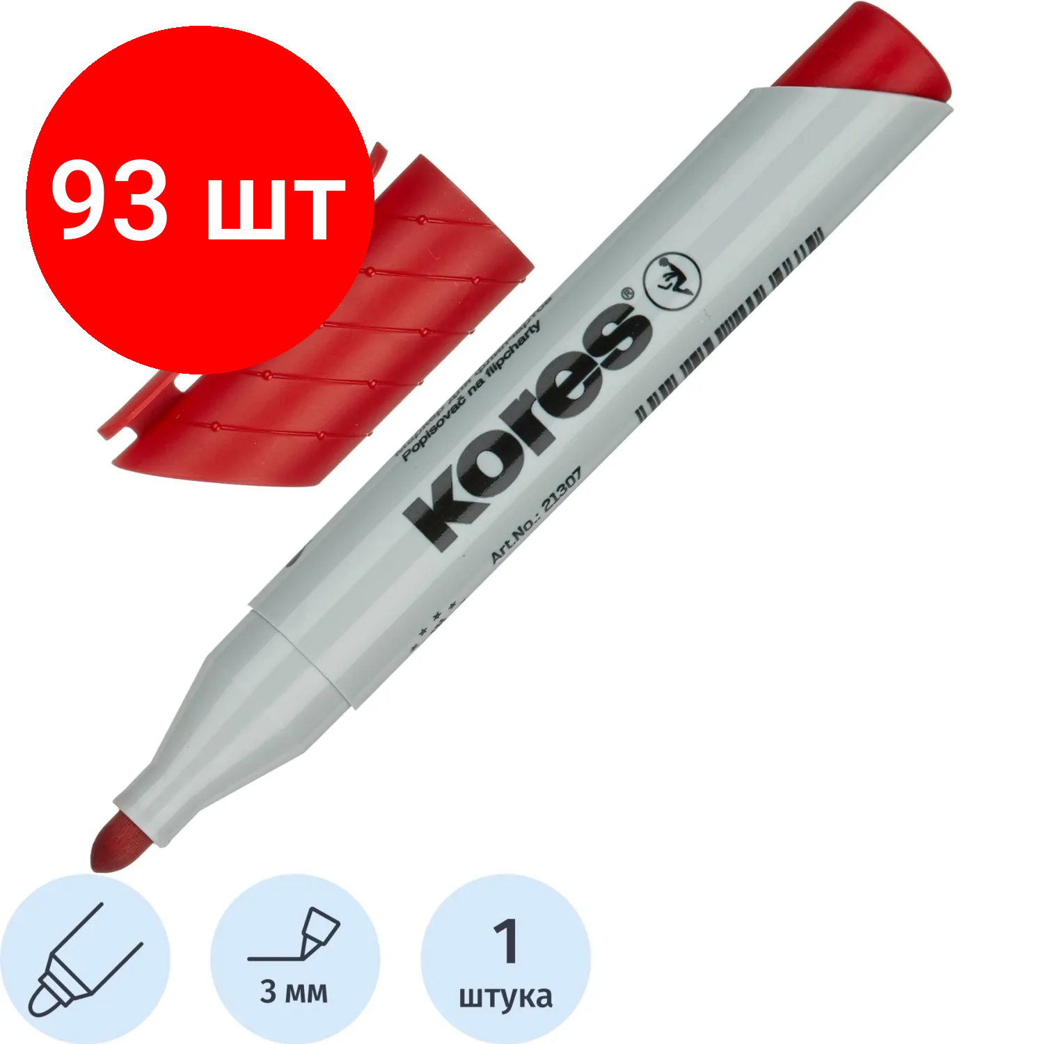 Комплект 93 штук, Маркер для флипчартов по бумаге KORES XF1 красный 21307