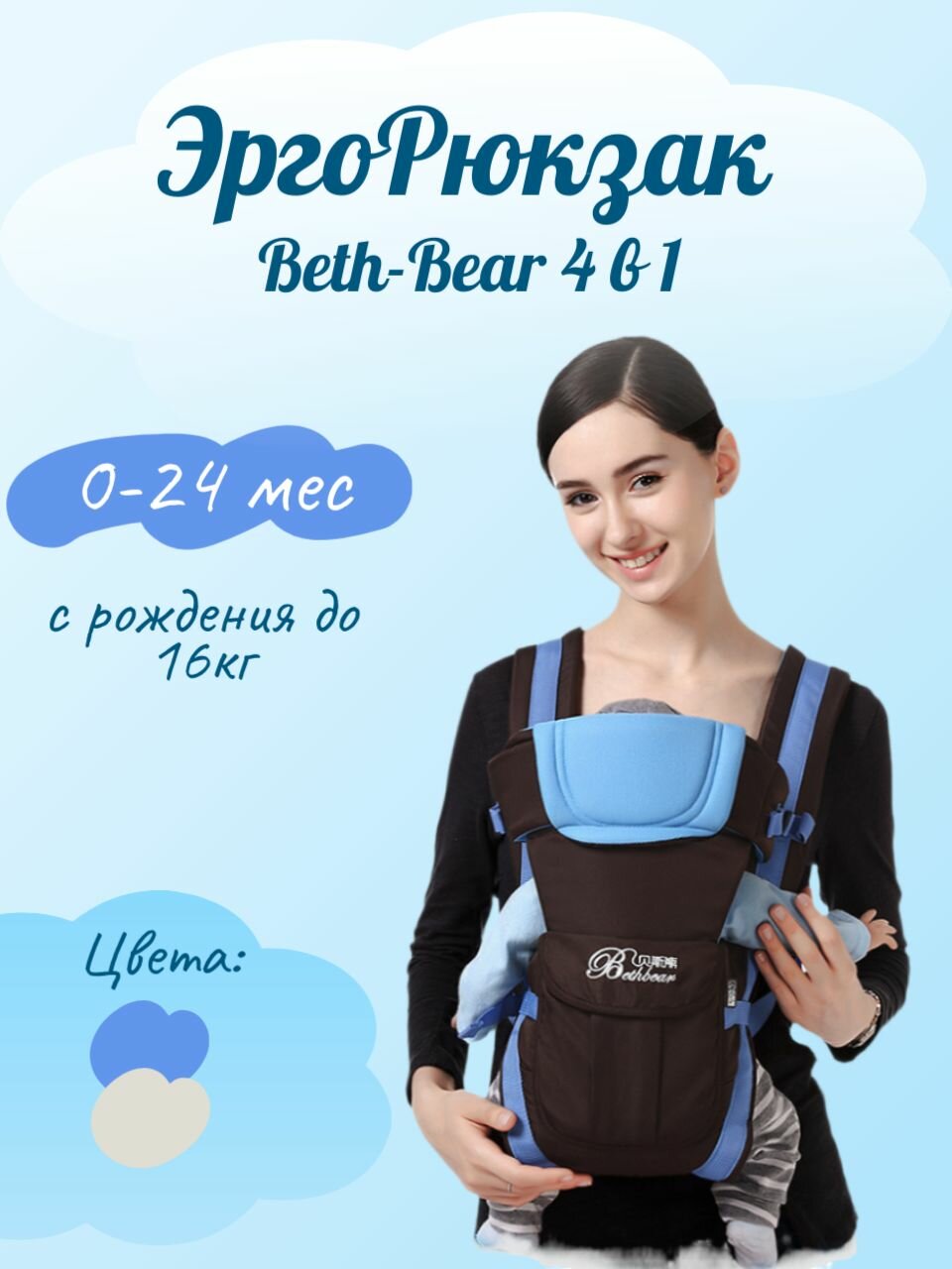 Эргорюкзак Bethbear "4 в 1", для детей с рождения до 2-х лет, мягкая спинка, съемный подголовник, голубой