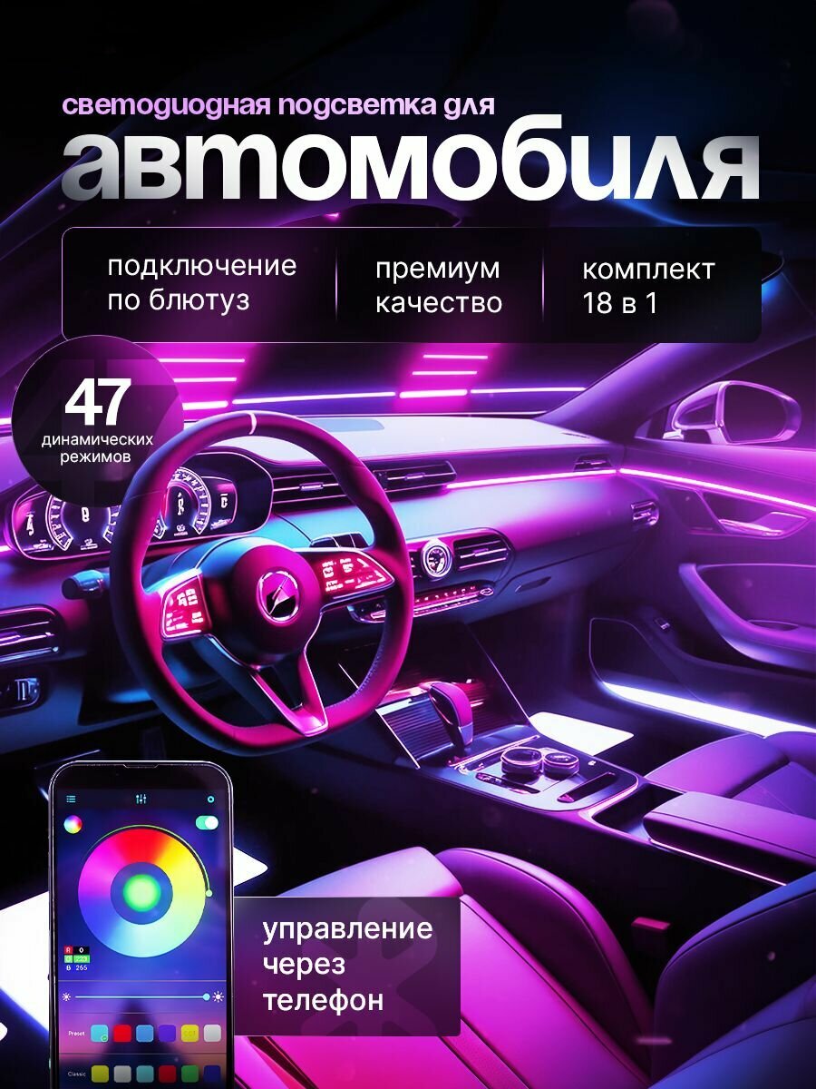 Подсветка салона автомобиля Ambient Light RGB контурная амбиентная, светодиодная лента для автомобиля, с динамическим режимом с управлением через телефон, 18 в 1