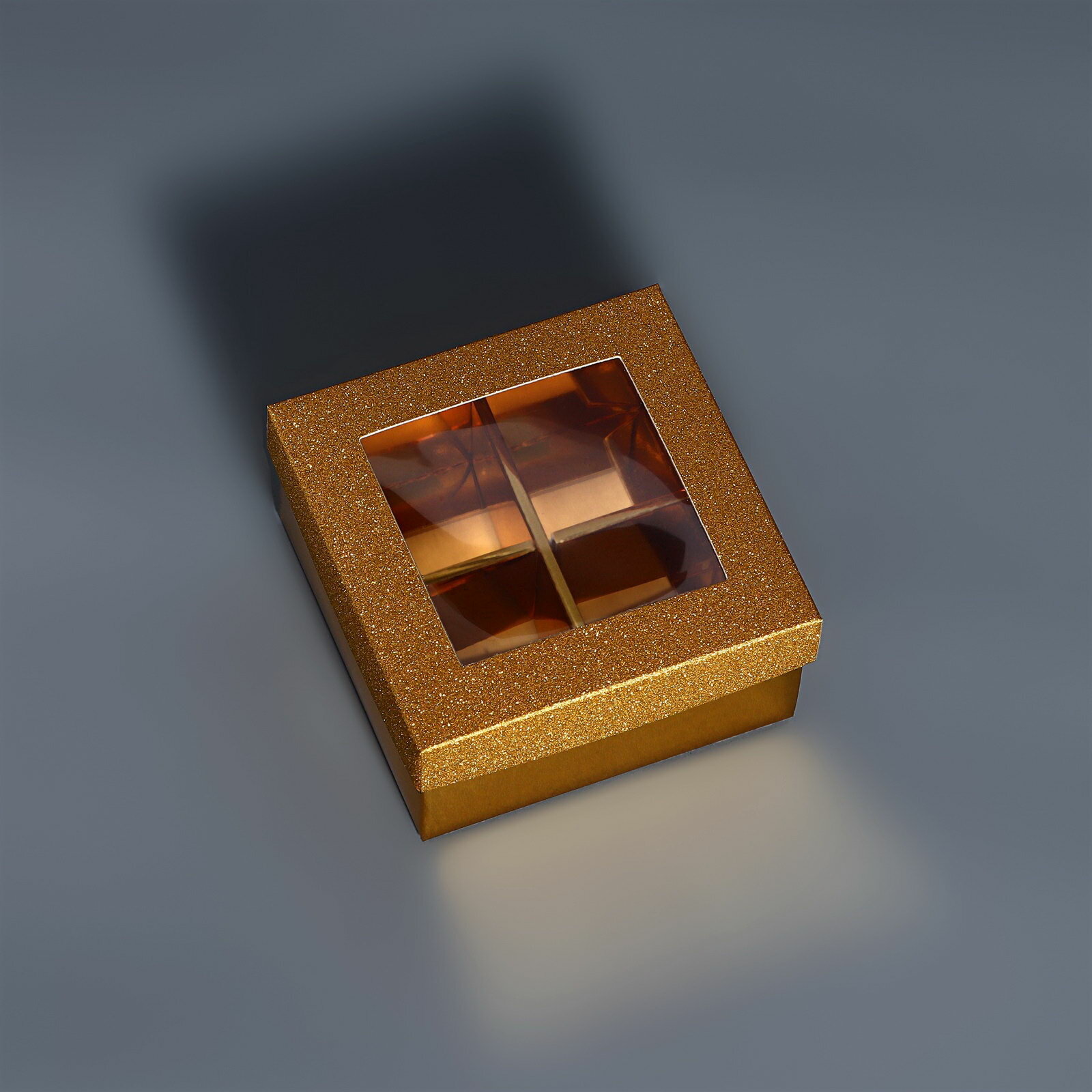Коробка для 4 конфеты золото глиттер, 8.5x8.5x4 см, вид: квадратные, 5 шт.