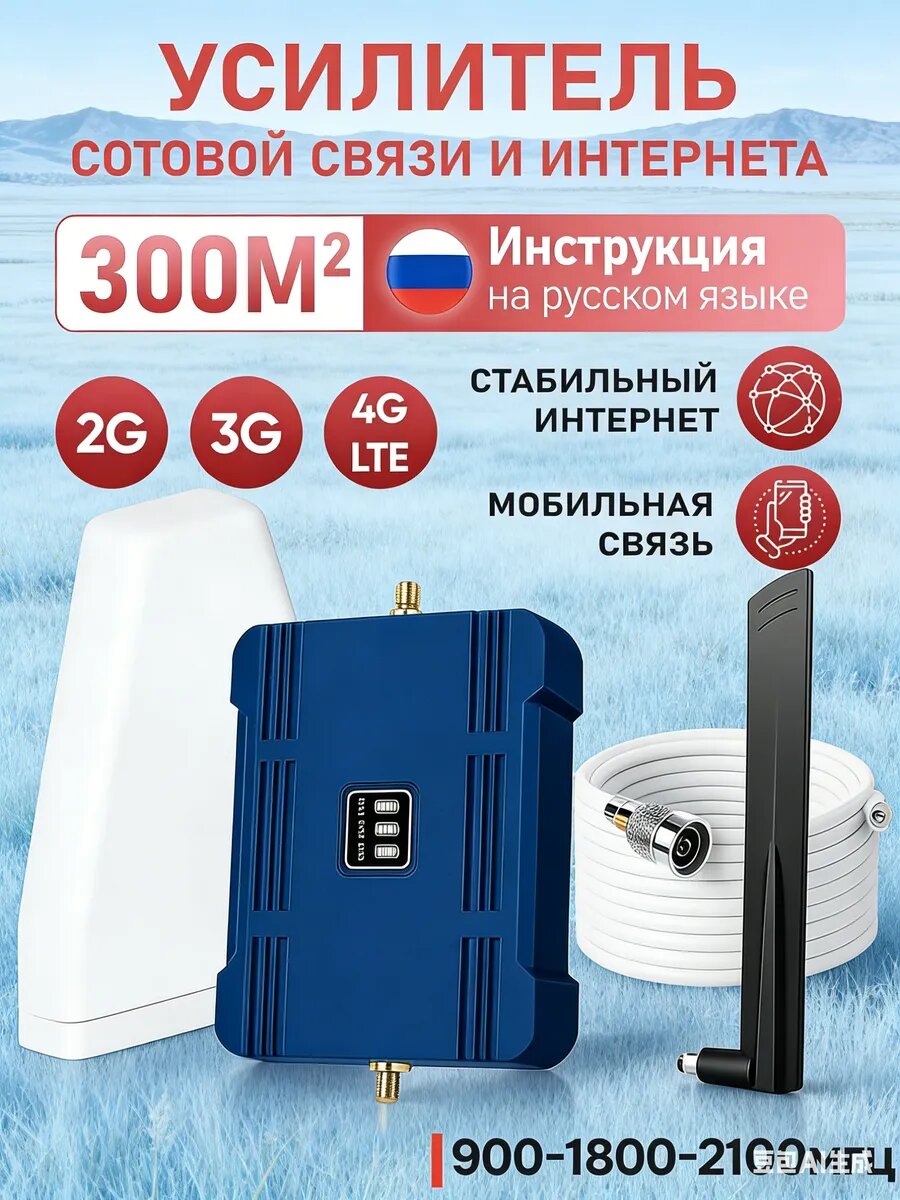 Усилитель сотовой связи 900/1800/2100 МГц (2G/3G/4G): до 70 км, направленный, синий, 1.3 кг