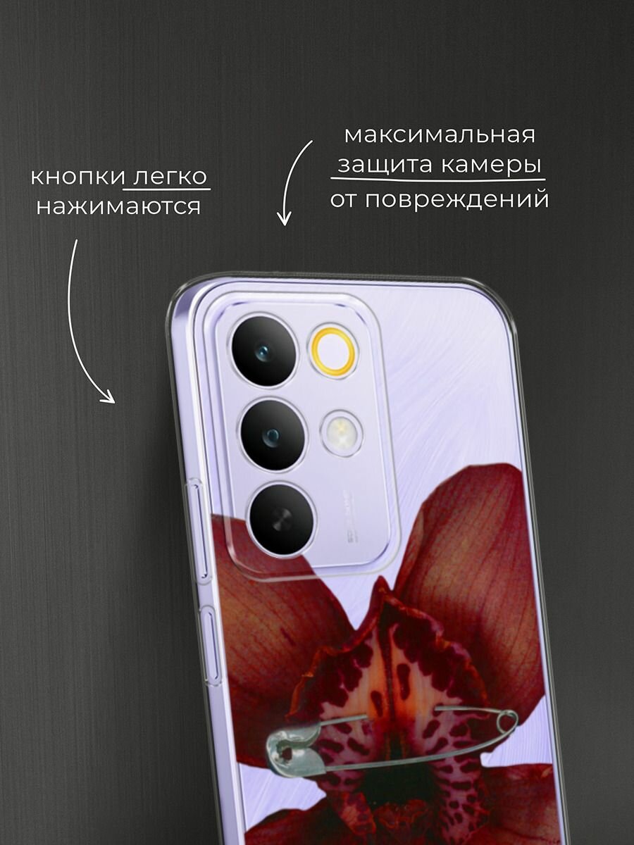 Чехол на Realme C85 / Реалми C85 с принтом Красная орхидея с булавкой 3, прозрачный — фото 1