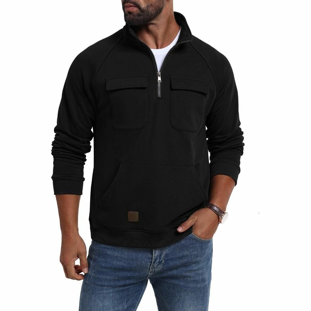Мужская спортивная рубашка tooling с застежкой-молнией на четверть и тактическим пуловером из теплой шерсти с длинными рукавами-черный-XXXL