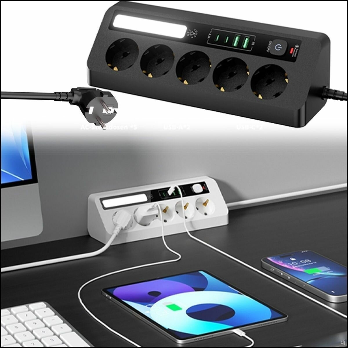 Разветвитель электрический/Сетевой фильтр настольный, 5 розетки + 2 USB и 2 TYPE-C, кабель 1.8м, индивидуальные выключатели