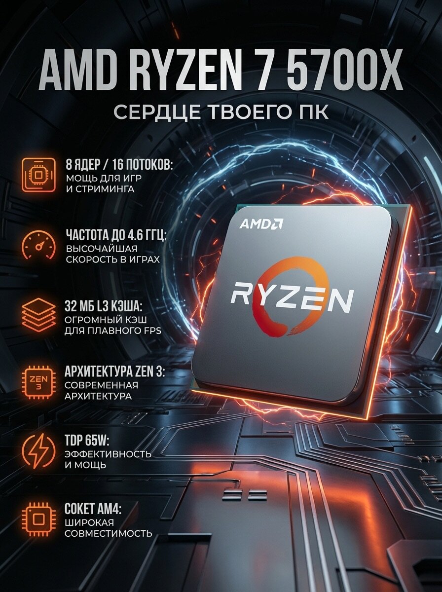 Процессор CPU AM4 AMD Ryzen 7 5700X (Vermeer, 8C/16T, 3.4/4.6GHz, 32MB, 65W) OEM