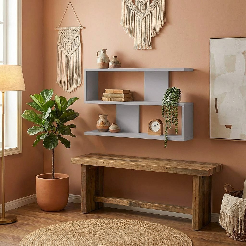 Полка настенная Светло-серая навесная для гостиной, спальни, офиса и детской 60x47x15