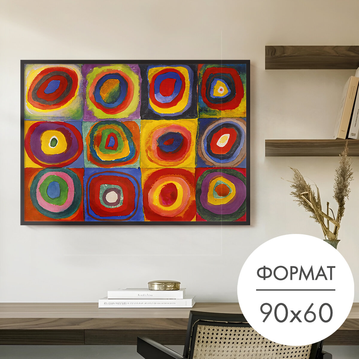 Постер "Кандинский Квадраты с кругами" 90x60 без рамки на стену для интерьера