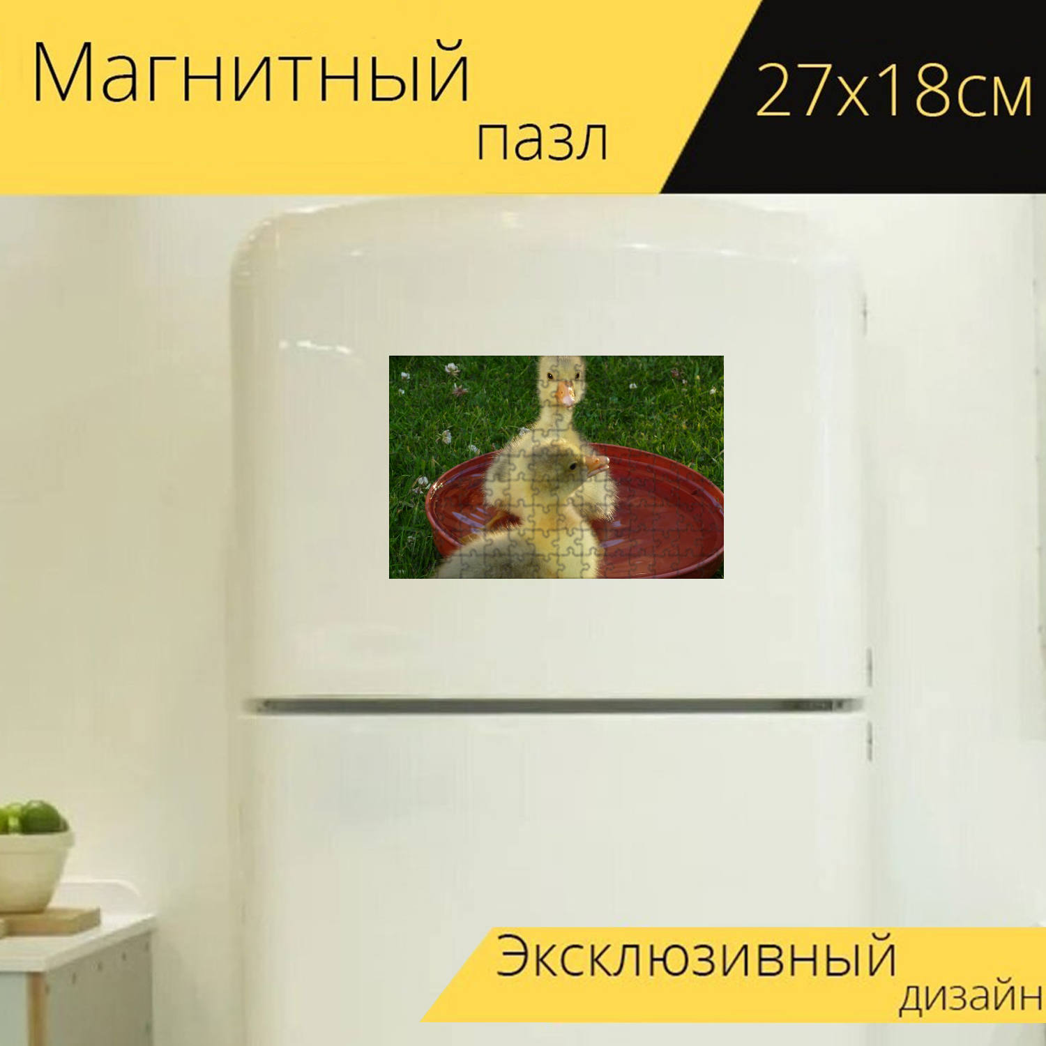 Магнитный пазл "Гусят, baby гуси, водоплавающая птица" на холодильник 27 x 18 см.