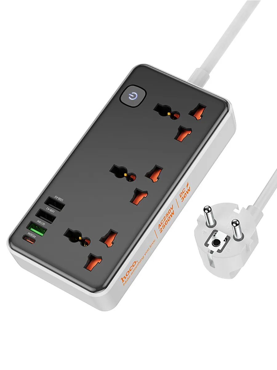 Сетевой фильтр Hoco AC8A, 5 м, 3*USB-A (1*QC18W), 1*USB-C (PD30W), 3*розетки 220V (2500W), черный / удлинитель с быстрой зарядкой 30 Вт