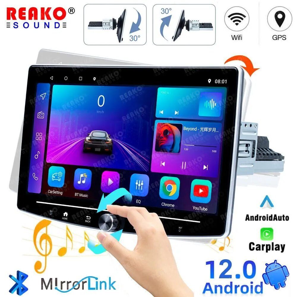 Автомагнитола REAKO, 10.1" экран, 1 DIN, 2 ГБ RAM / 32 ГБ ROM, Android 12.0, CarPlay, GPS