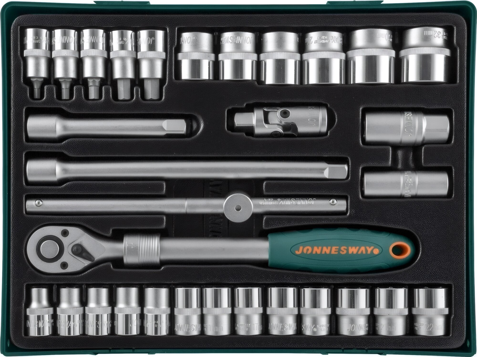 Набор торцевых головок 1/2"DR и аксессуаров. 31 предмет в ложементе 370х370 мм. Jonnesway S04H4131SP
