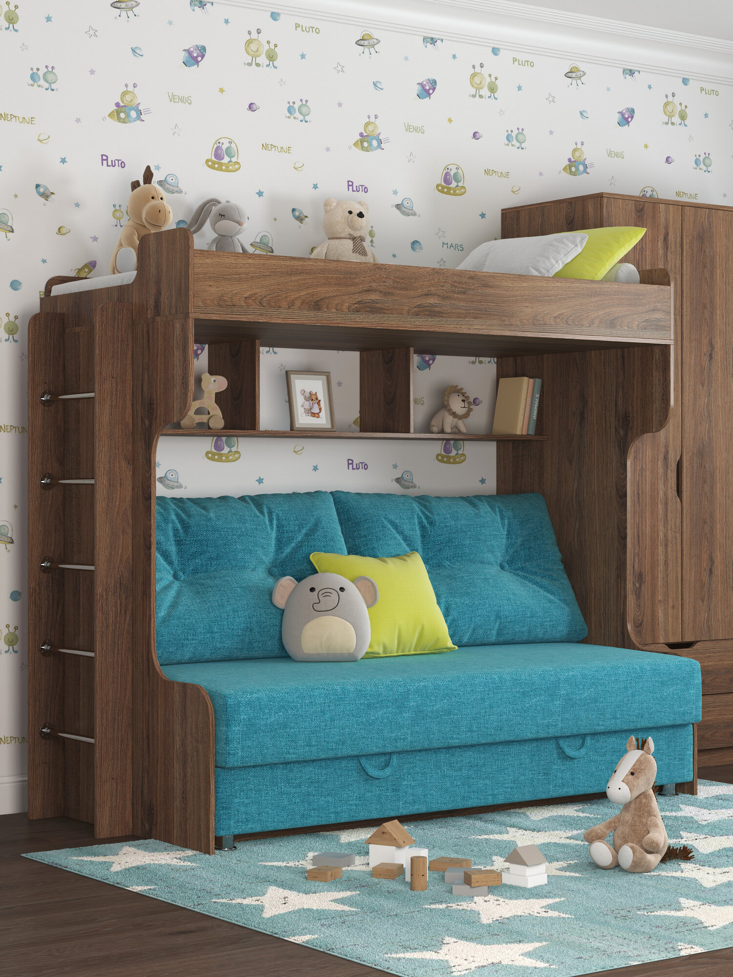 Есэндвич Альпика Кровать двухъярусная с диваном (Дуб Аризона/Savana Plus Lagoon) 205х104х180 см