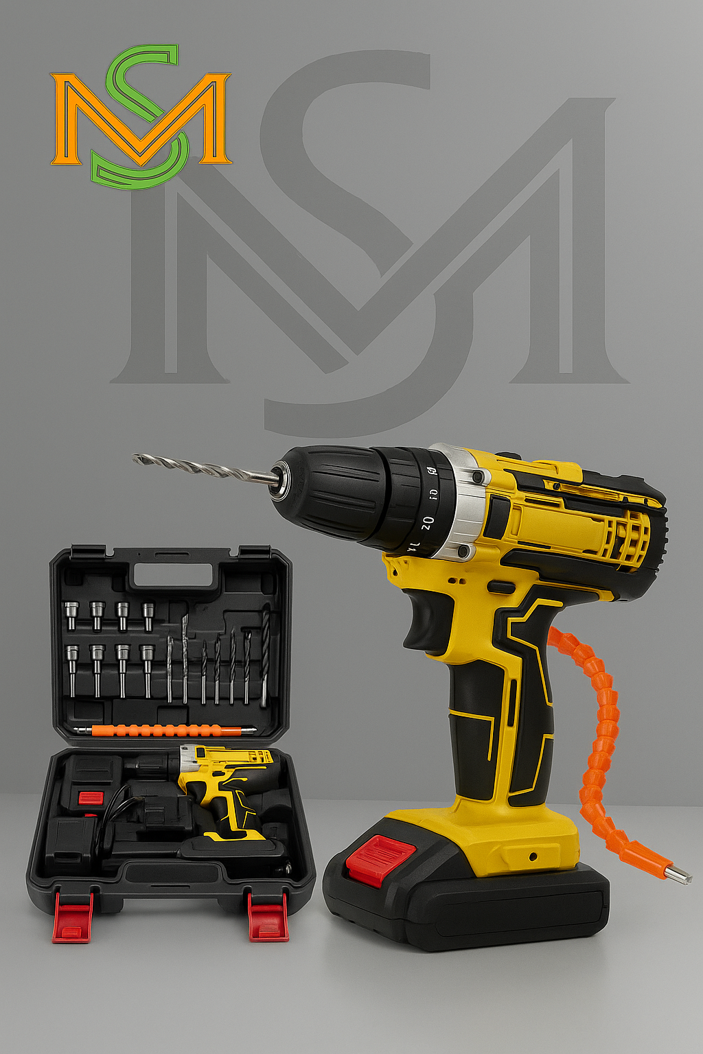 Дрель-шуруповерт желтый с двумя аккумуляторами 2А, с набором и кейсом в комплекте