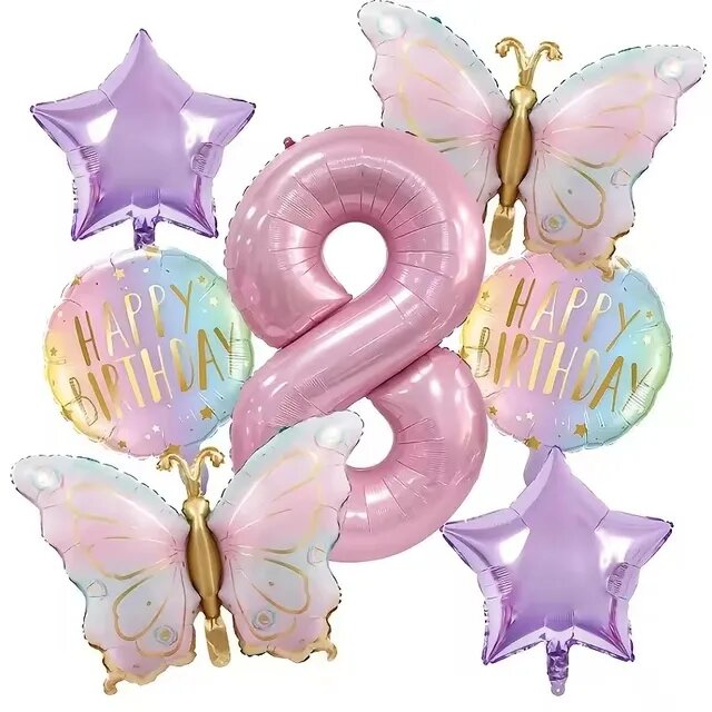 Набор из 7 розовых воздушных шаров в виде бабочек и цифр, идеально подходящий для празднования дня рождения, детских вечеринок, украшения вечеринки в честь рождения ребенка и других торжественных мероприятий.