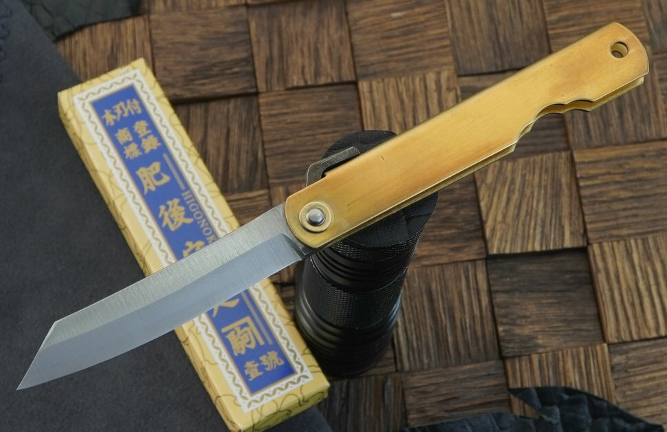 Складной нож Хигоноками Nagao Higonokami Warikomi Mitsuo, сталь Aogami (Blue Steel), рукоять латунь 70 мм