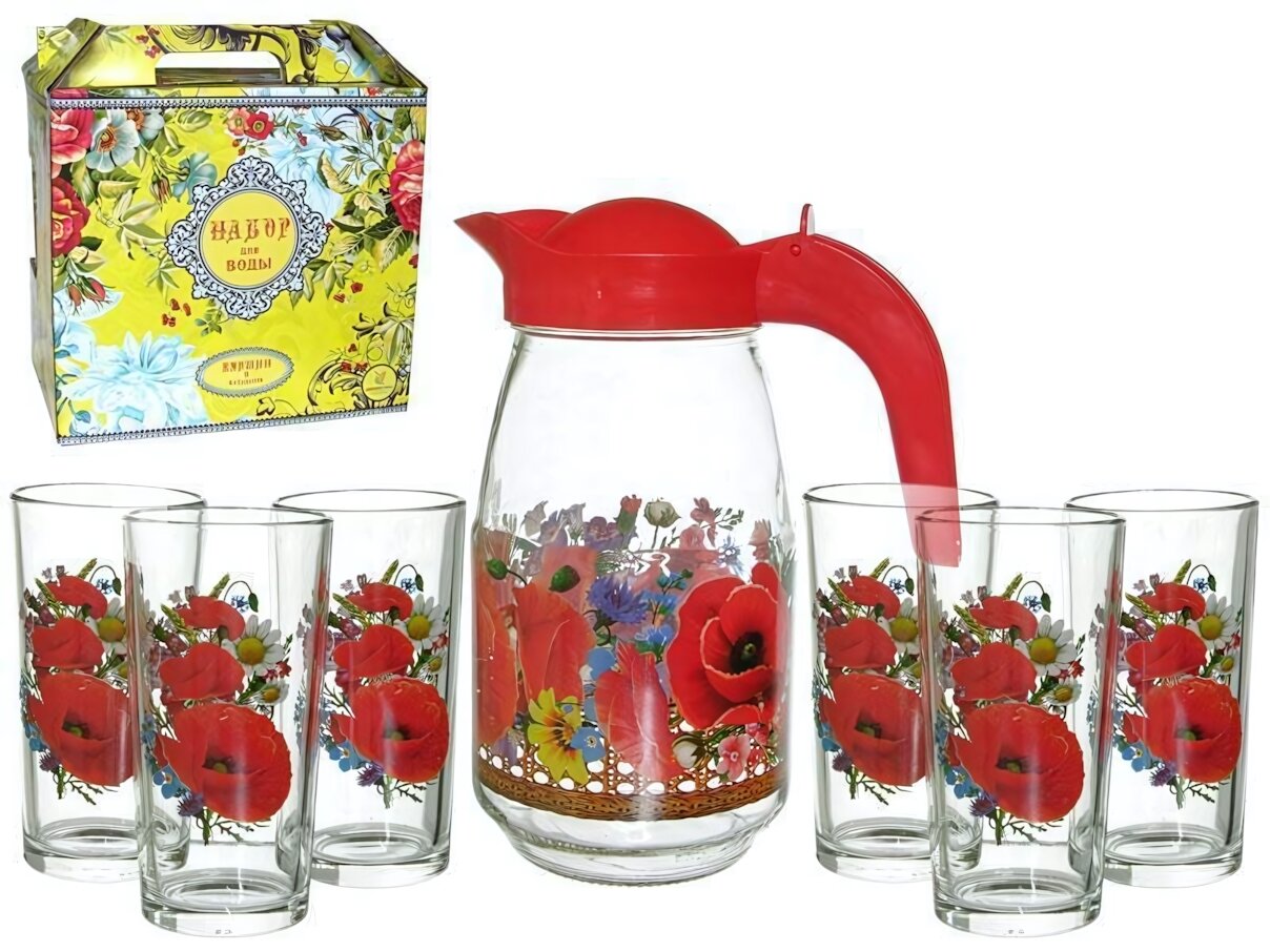Набор для воды 7 предметов 'Маковое поле', стекло, с кувшином и стаканами