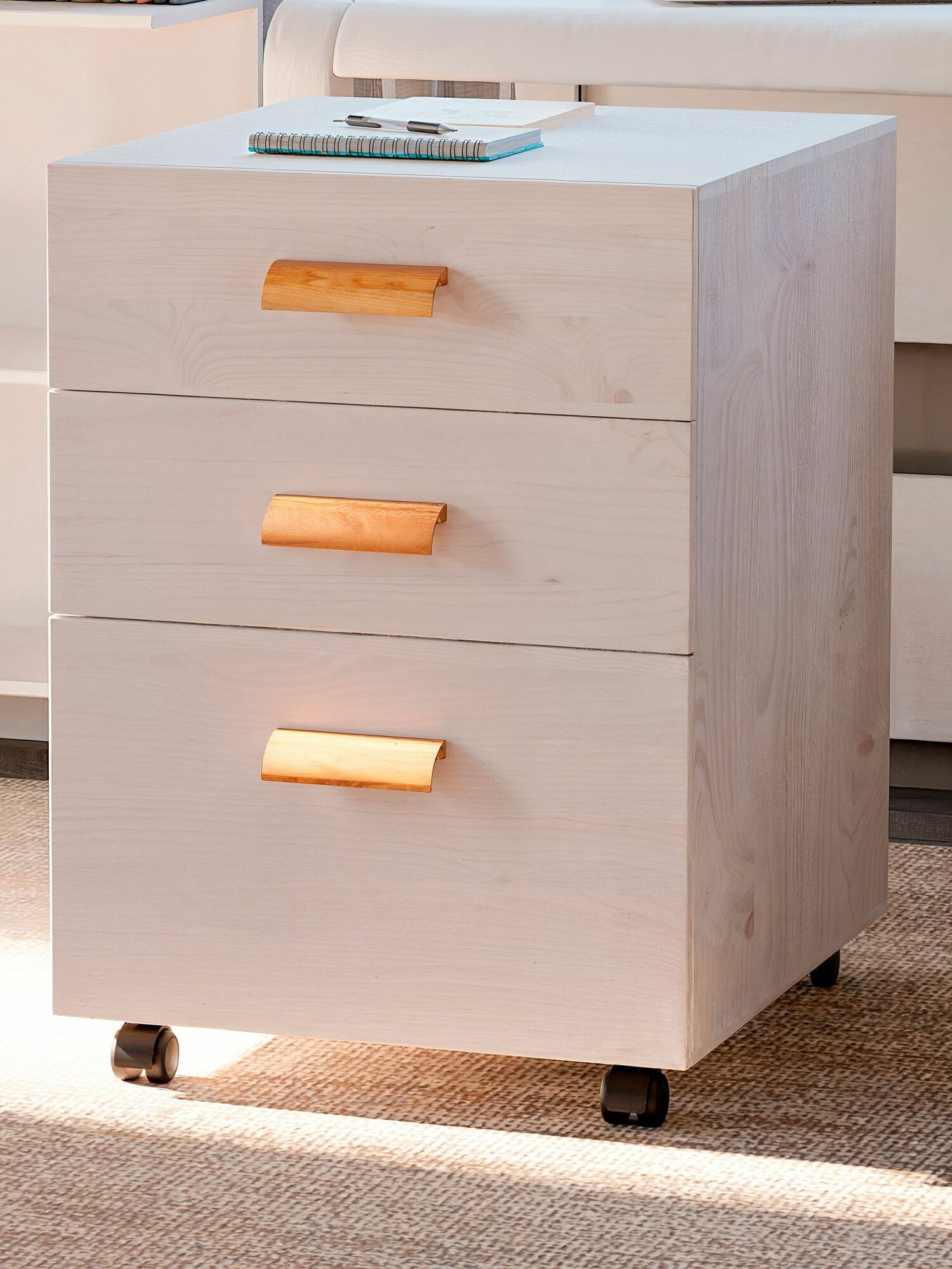 Тумба 45х45х67, Мадейра, офисная, прикроватная, на колесиках, под стол, с ящиками, массив сосны и дуба, белая, Dipriz