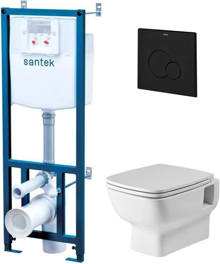 Комплект инсталляция с унитазом Santek 1WH501777 с кнопкой смыва, черный матовый + унитаз подвесной Santek Нео безободковый, с сиденьем микролифт, белый