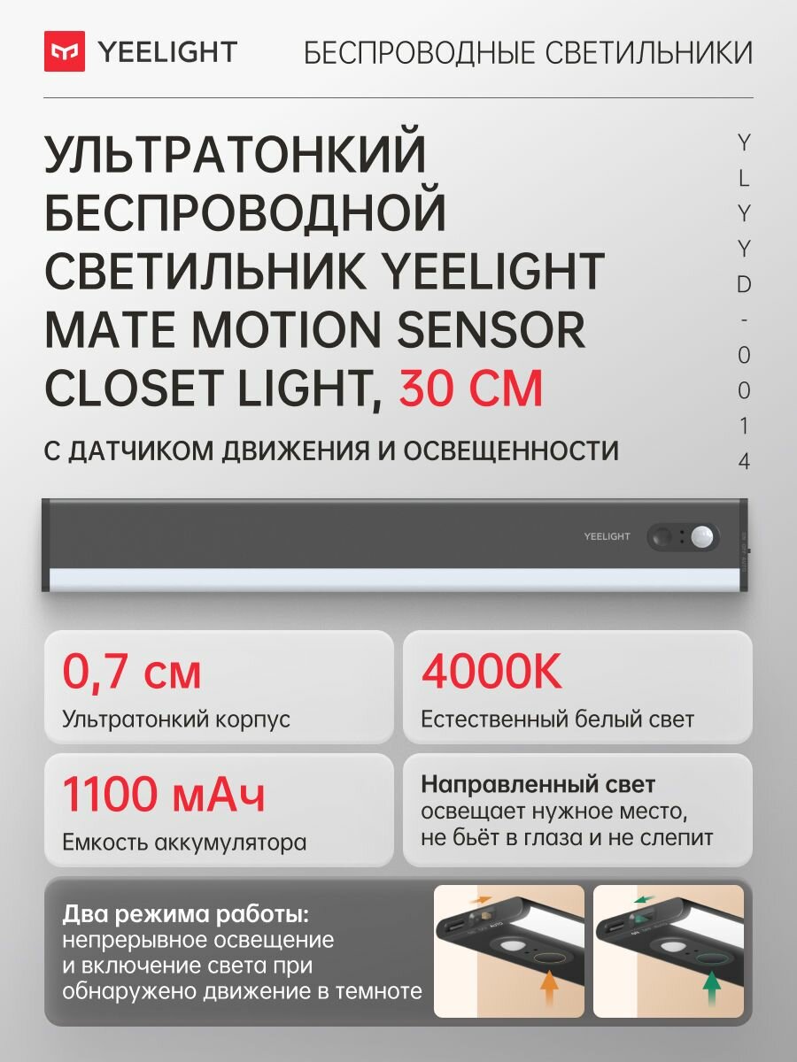 Беспроводной светильник с датчиком движения и освещенности Yeelight-Mate Motion Sensor Closet Light 30cm