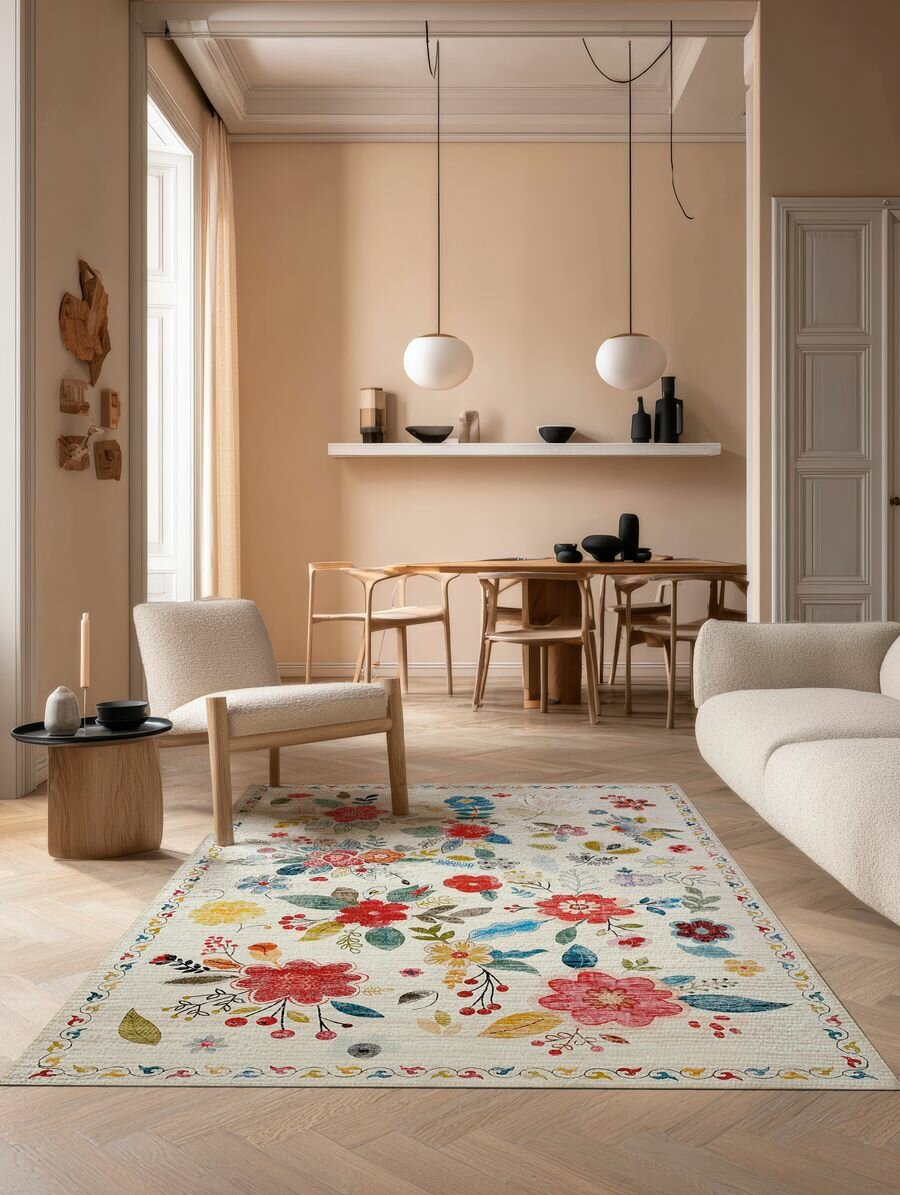 Ковер Cool Hali Daisy 609 шенилловый 80х150 см Цветочная радуга (белый, зеленый, оранжевый, красный, синий)