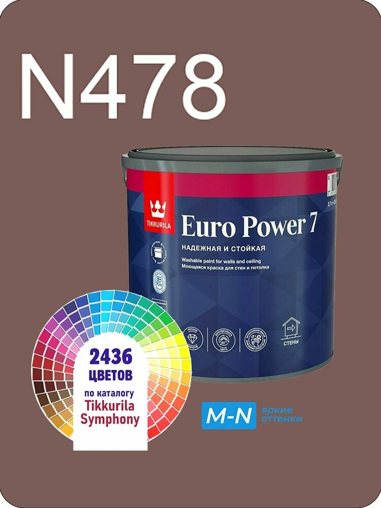Краска для стен и потолков Tikkurila Euro Power 7 2,7л. яркие оттенки N478