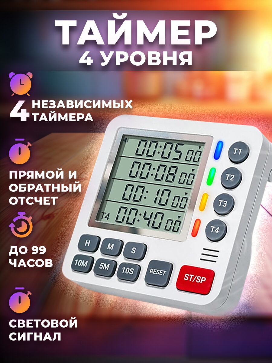 Таймер электронный, 4 уровня дисплей, для кухни, спорта, обучения, белый