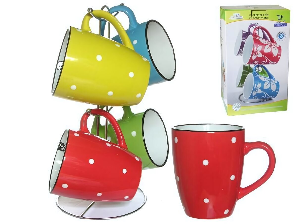 Набор кружек 4 предмета 330 мл, керамика, на металлической подставке, микс цветов в горошек