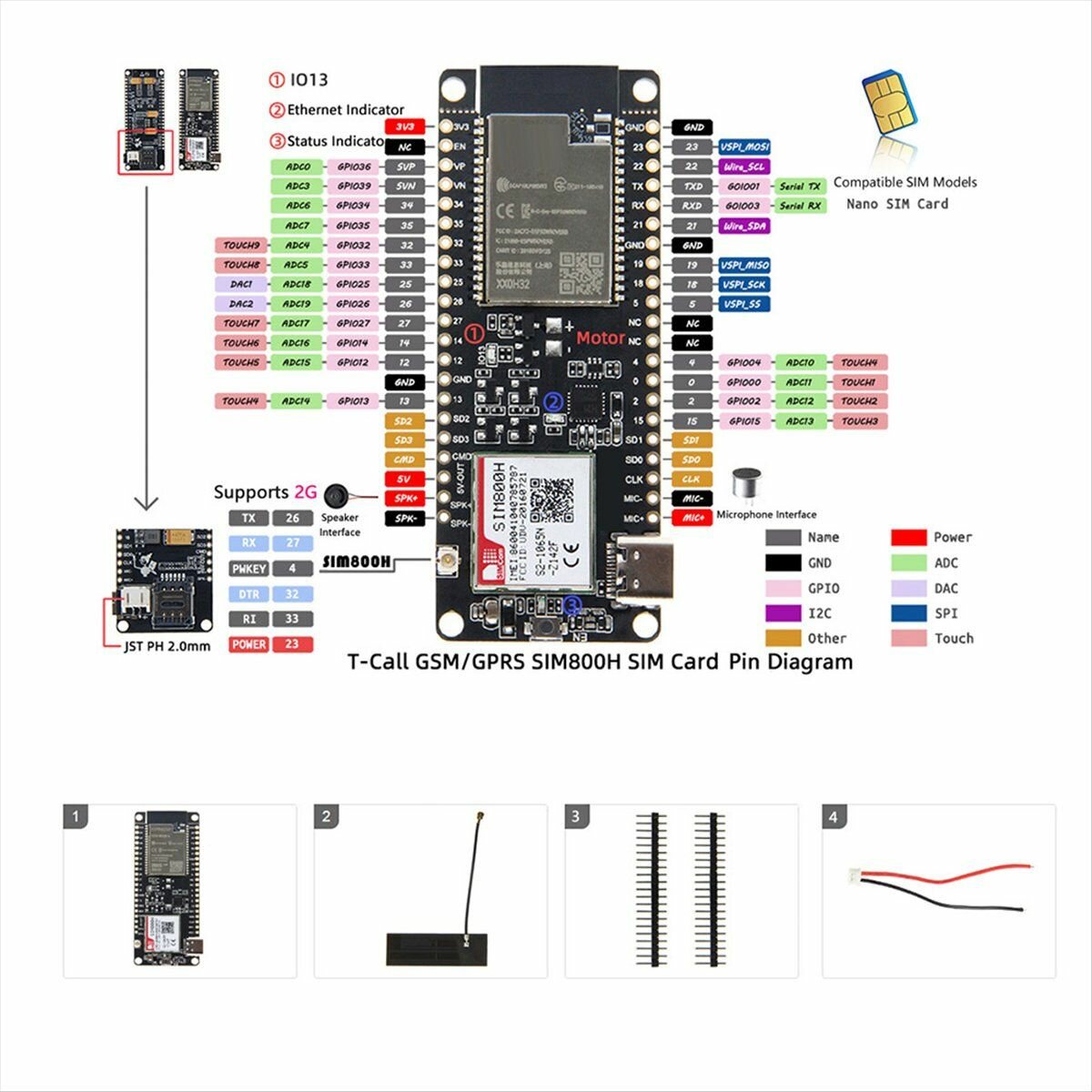 Беспроводной модуль SIM800H Модуль T-Call&PMU MCU32 с GPRS-антенной SIM800H-8MB-