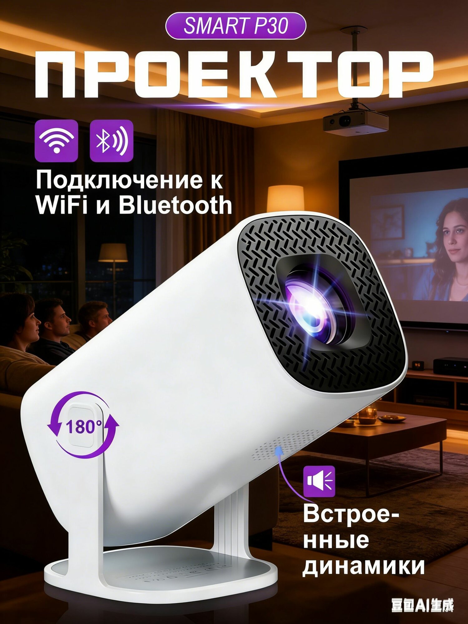 Проектор для фильмов и игр с поддержкой 4К, Android, Wi-Fi 6, Bluetooth, белый с джойстиками