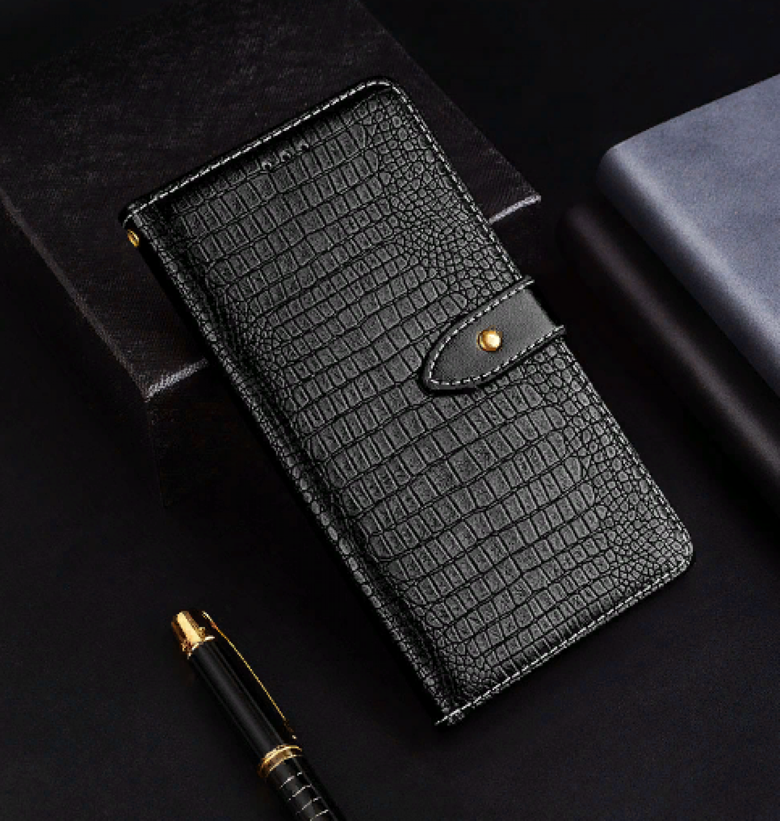 Чехол-книжка MyPads Croco Poko для OPPO Reno 3 5G с фактурой под кожу крокодила, черный, с застежкой и визитницей