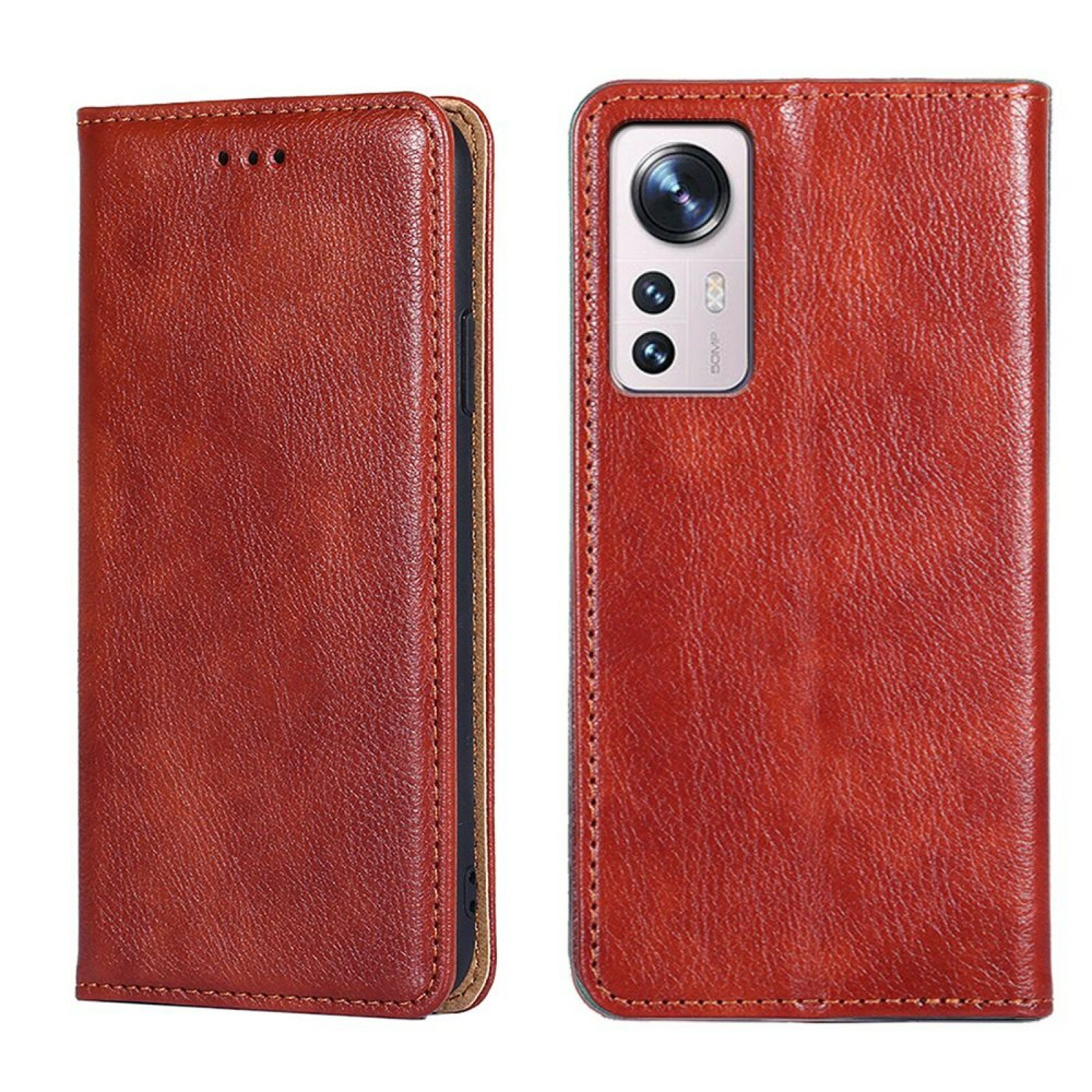 Чехол-книжка MyPads для Xiaomi 12 и 12s коричневый из искусственной кожи с карманами