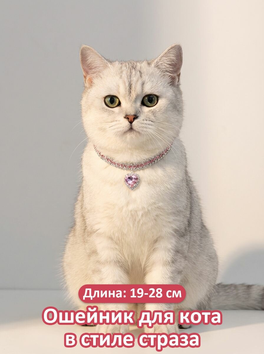 Ошейник для кошек и собак декоративный стразовый с сердечным подвесом, регулируемая длина 19-28 см, розовый ошейник для кошек ошейник для собак декоративный ошейник стразовый регулируемый