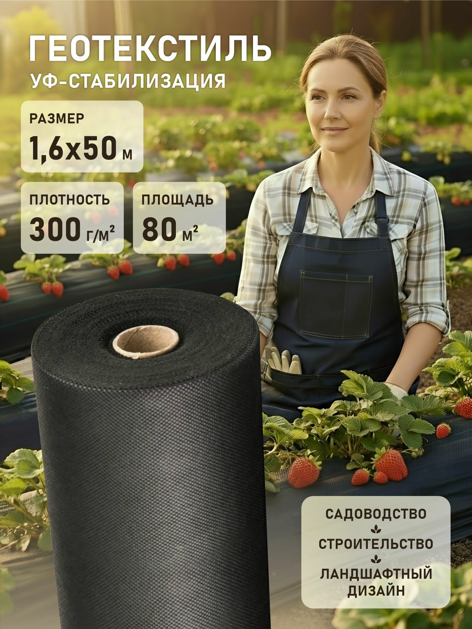 Геотекстиль садовый, 300 микрон, 1,6х50 м, чёрный, от сорняков, для грядок, для дорожек и ландшафтных работ