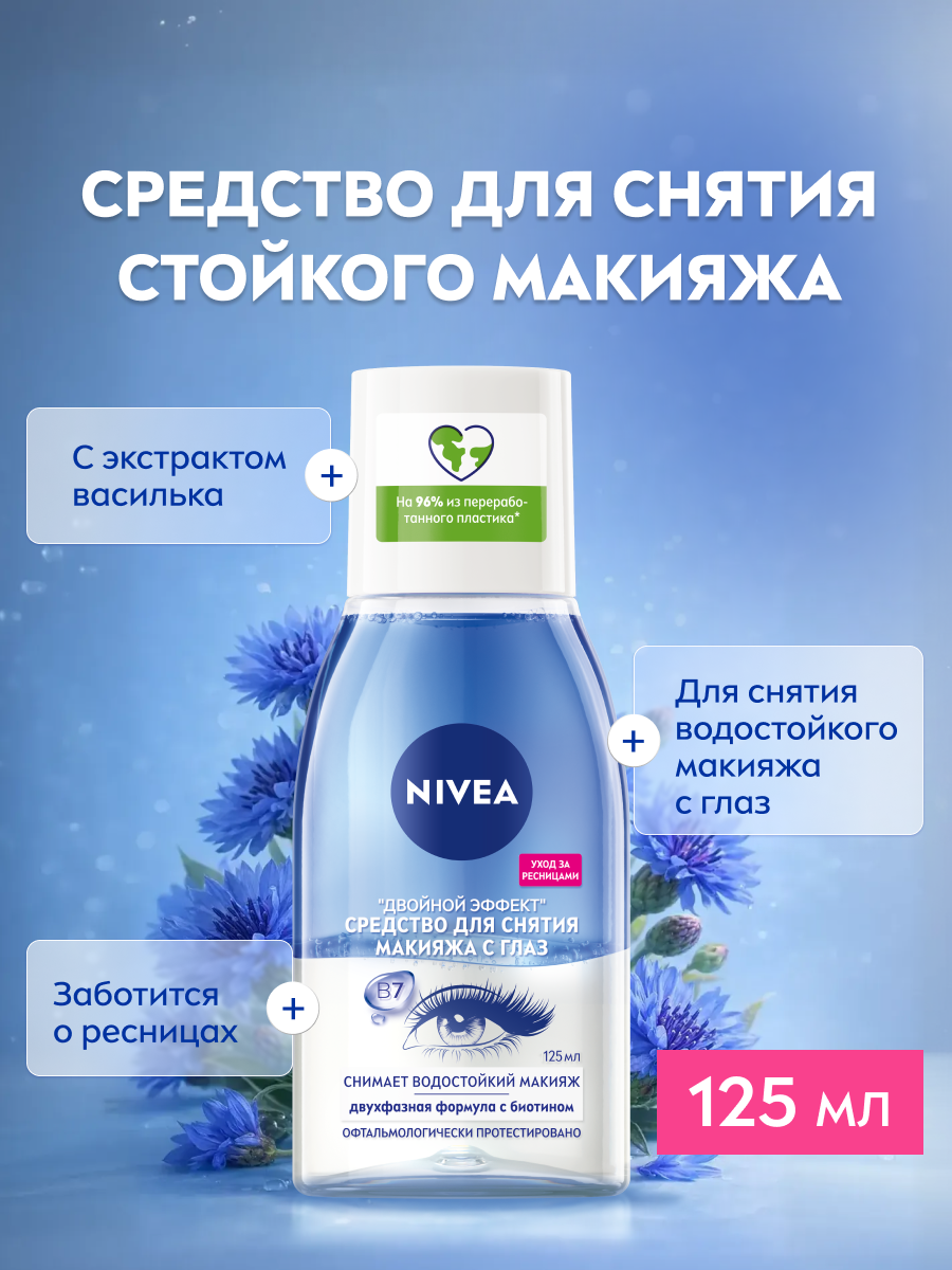 Средство для снятия стойкого макияжа с глаз NIVEA "Двойной эффект" для чувствительной кожи вокруг глаз с экстрактом василька, 125 мл.
