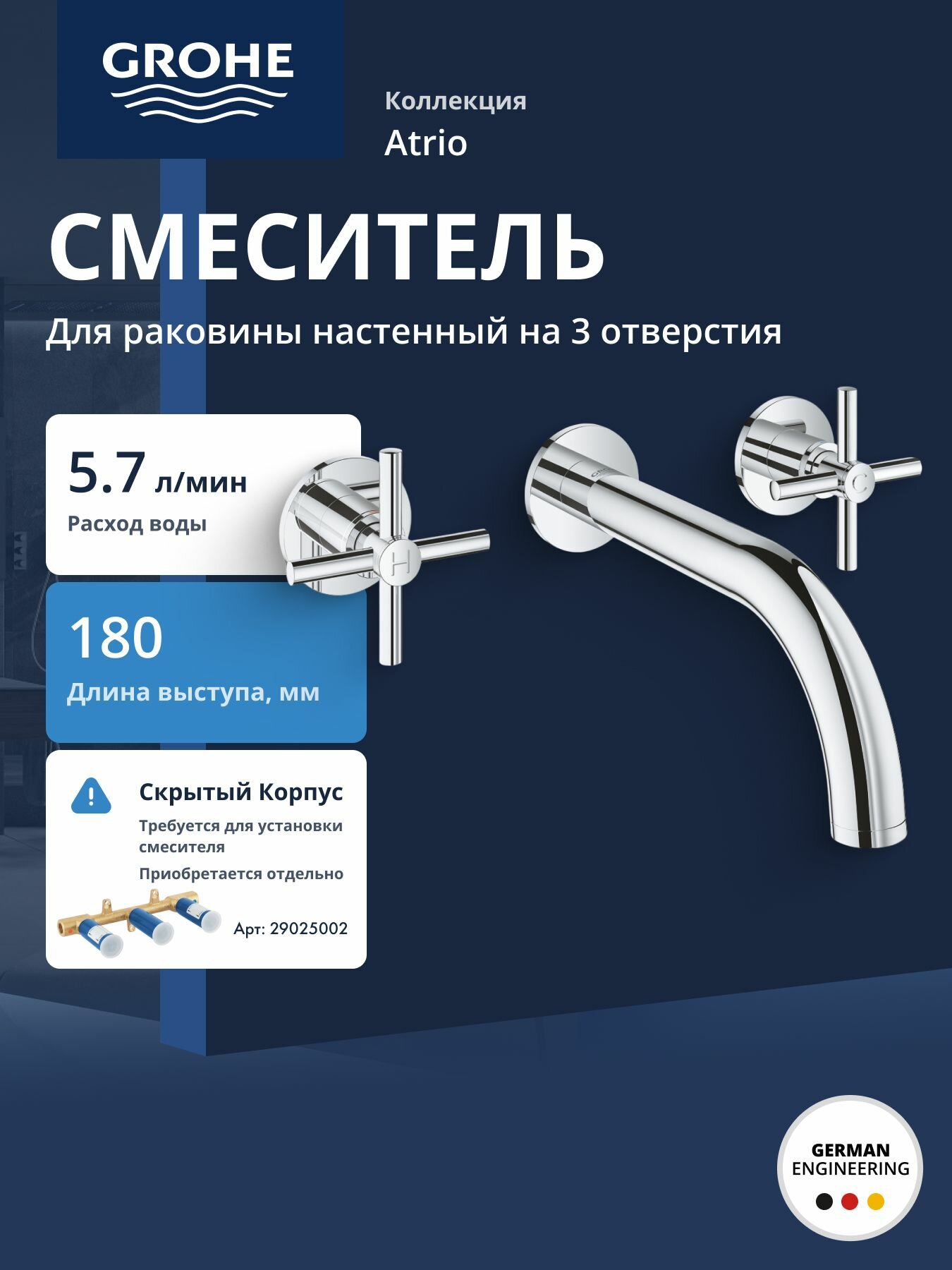 Смеситель GROHE Atrio New двухвентильный для раковины на 3 отверстия, настенный монтаж, хром (20164003)
