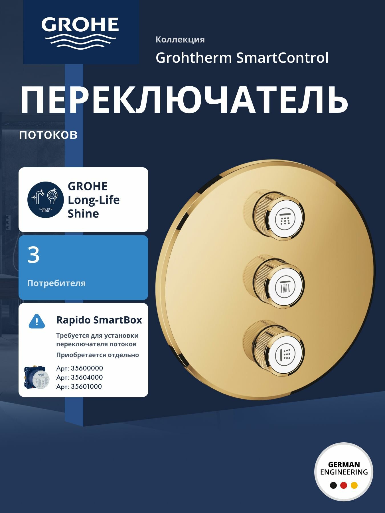 Комплект верхней монтажной части для вентиля GROHE Grohtherm Smart Control на три выхода, круглая розетка, холодный рассвет глянец (29122GL0)
