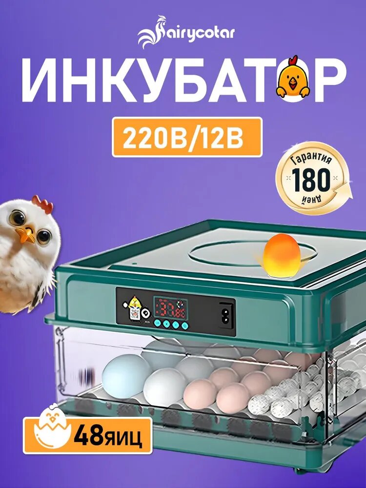 43 инкубатор для яиц автоматический, Регулирование температуры и влажности, овоскопом, автоповоротом, 220/12V, двойной источник питания