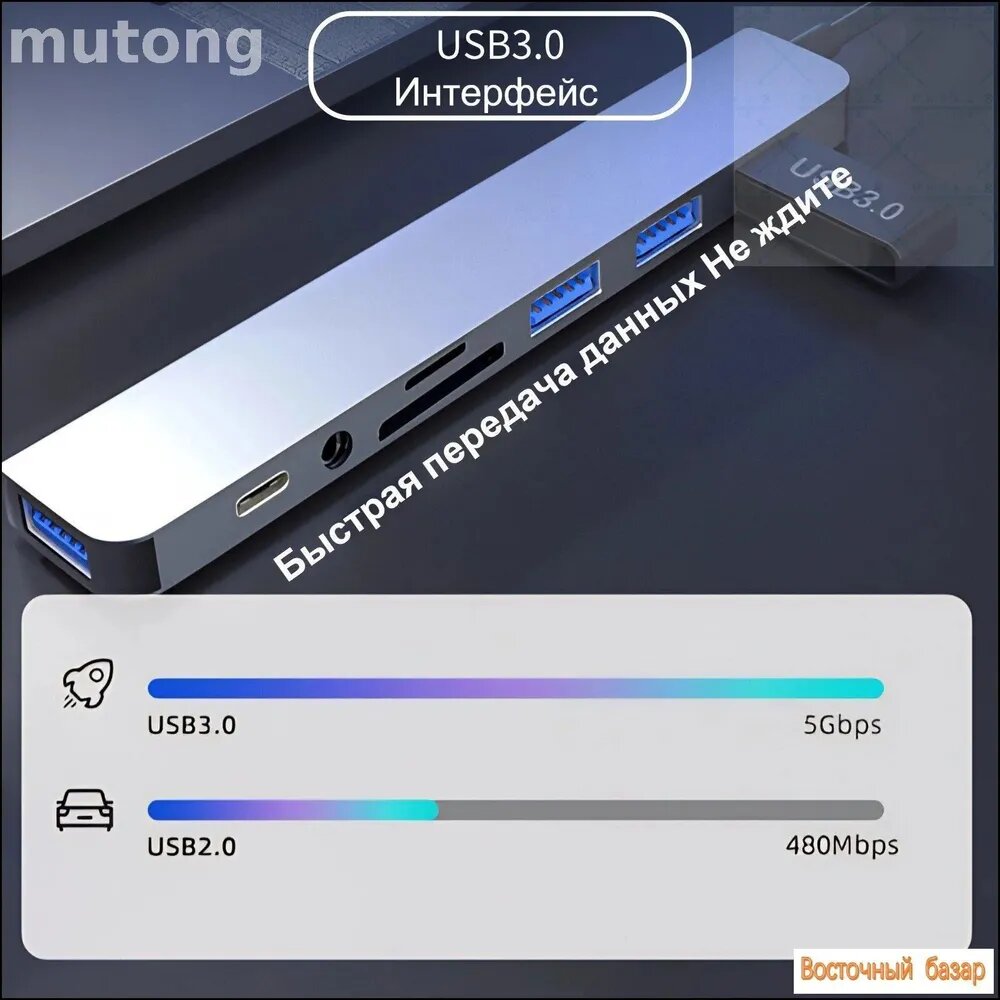 Многофункциональный USB Type-C HUB 8 в 1, высокоскоростной разветвитель для ноутбука, с портами USB 3.0/2.0, SD/microSD, AUX — фото 1