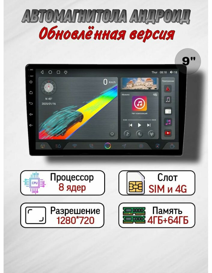 Андроид Магнитола 9 дюймов 4+64 ГБ, 2din, 8 ядер, IPS экран TS18